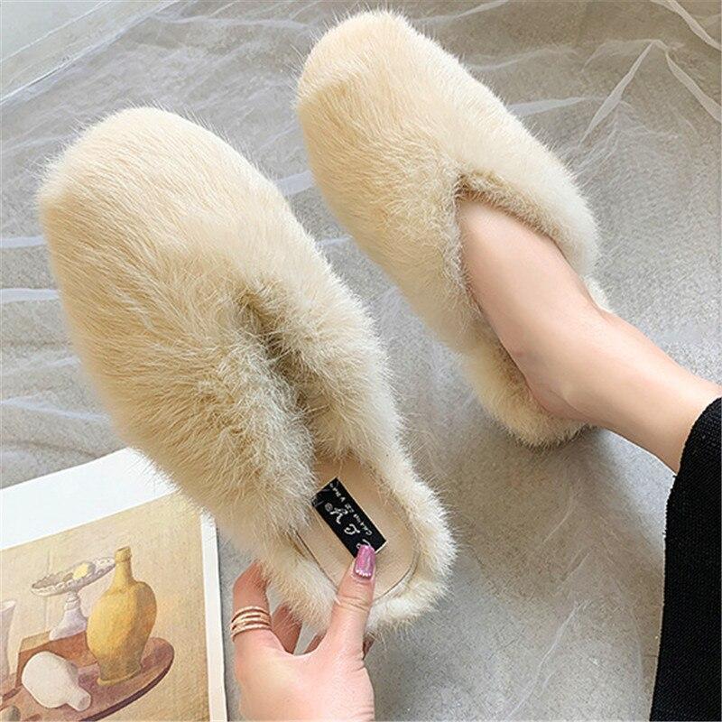 Furry slippers women 2020 autumn and winter wear flat bottomed rabbit ...