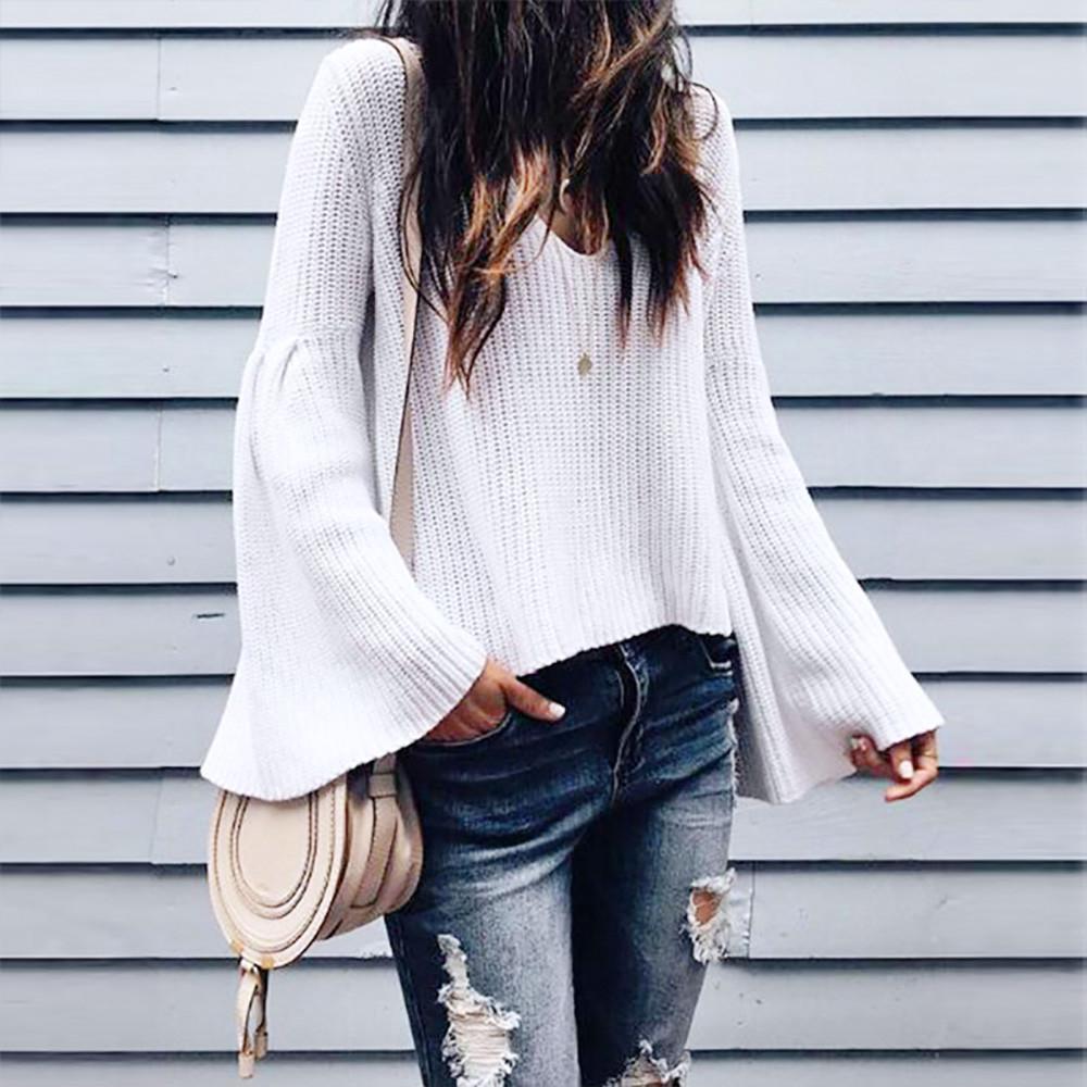 Fashion Women Autumn Loose Long Sleeve Knitting Tops Short Sweater Top ...