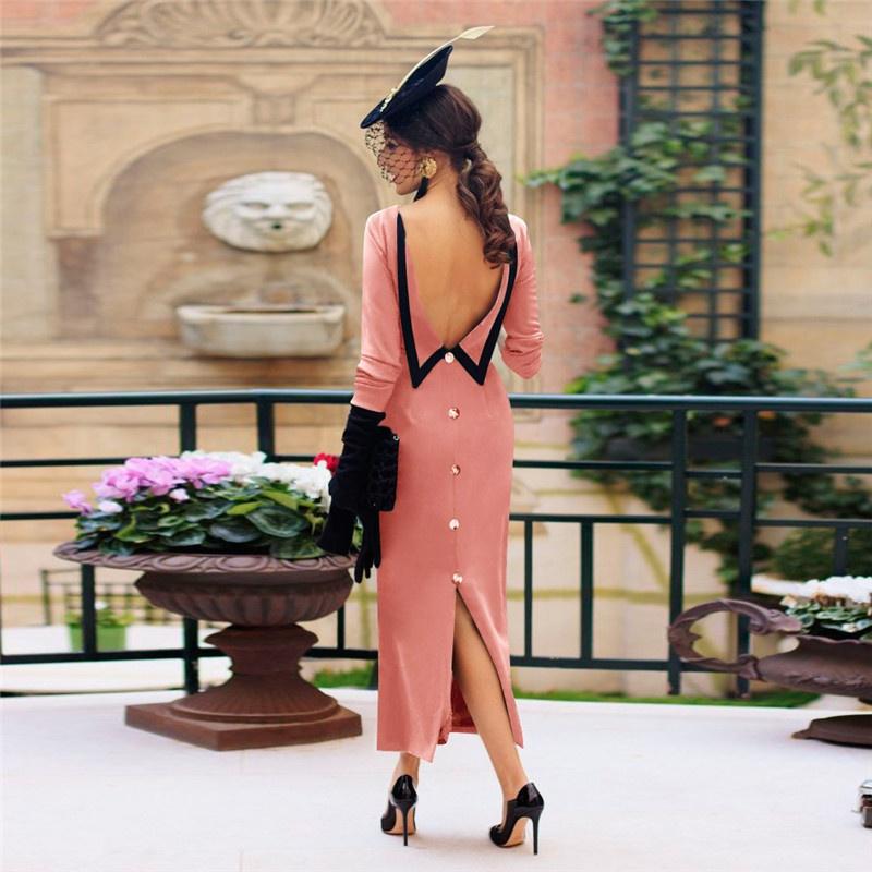 Buy Open Back Button Dresses Split Fork Bow Evening Dress Retro Fashion ...