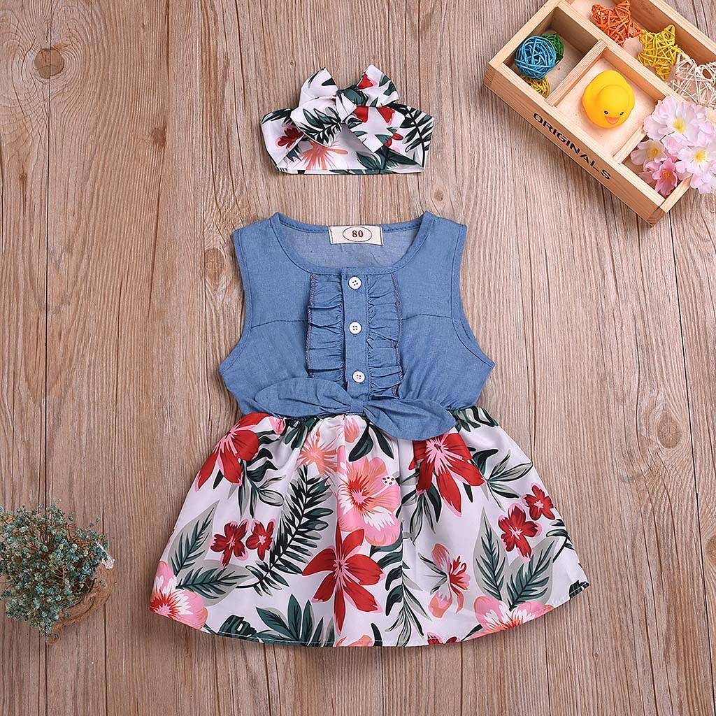 Buy Suda Toddler Baby Girls Sleeveless Bow Flower Leaf Print Denim ...