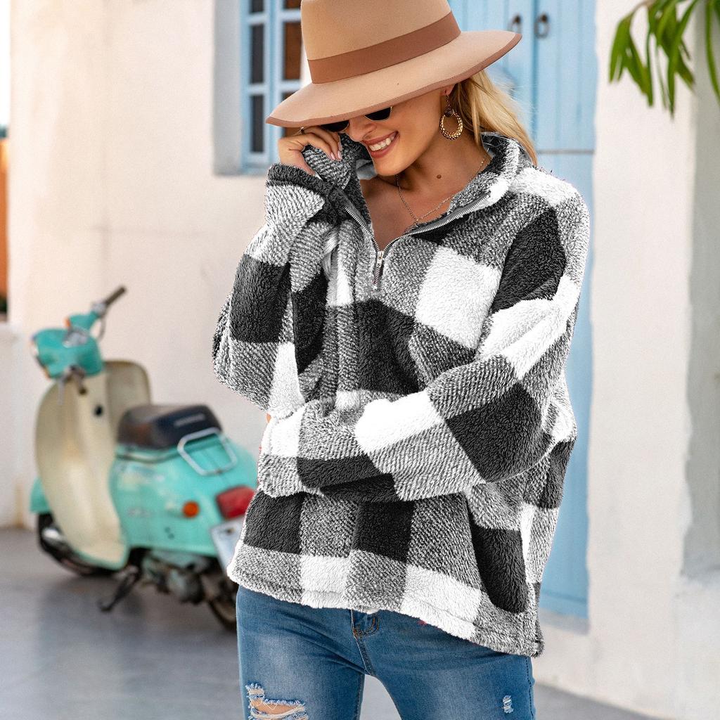 Buy Women Sweater Checker Sweaters Jumpers Loose High Neck Zipper Neck ...
