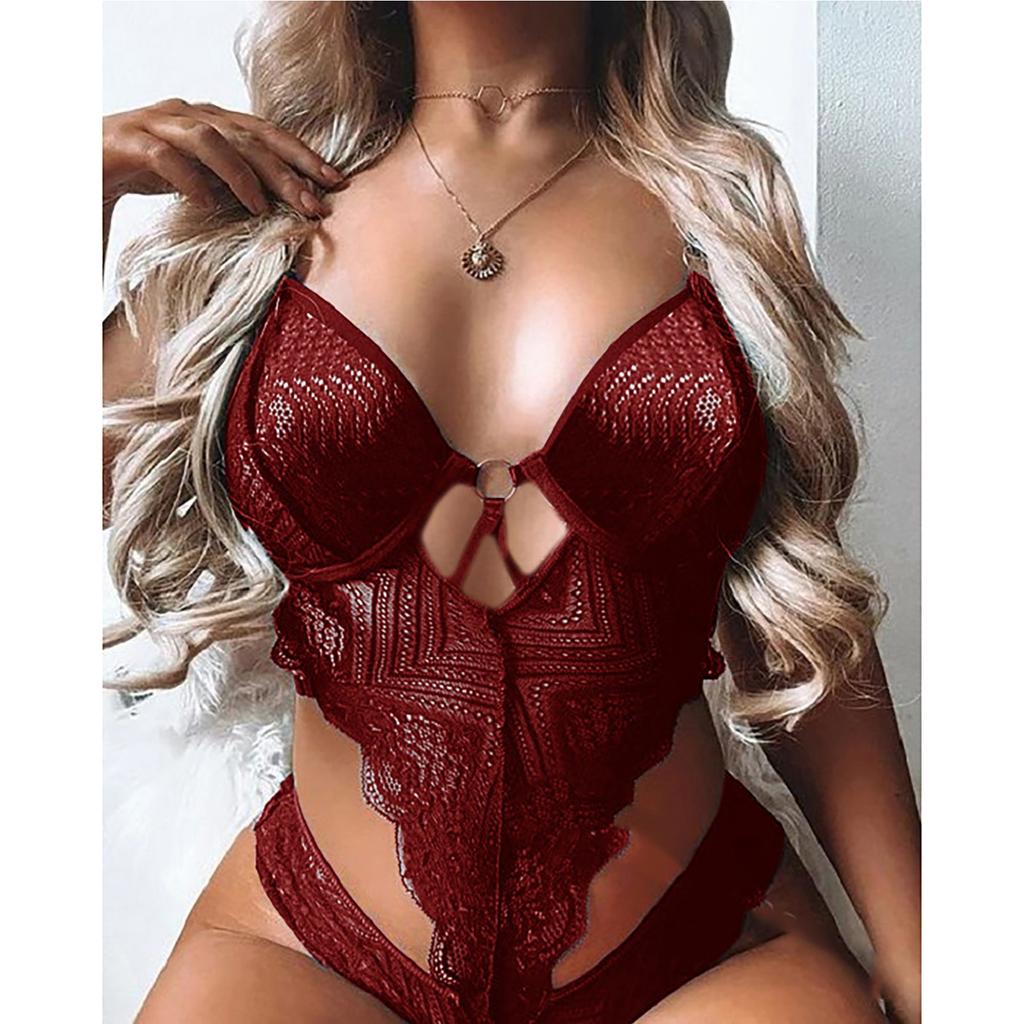 Buy Ladies Sexy Solid Color Lace Mesh Hollow Ring Strap One Piece Sexy