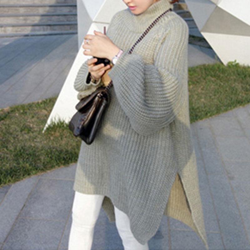 Buy Womens Knit Mid Length Sweater Solid Color Half High Collar Thick ...