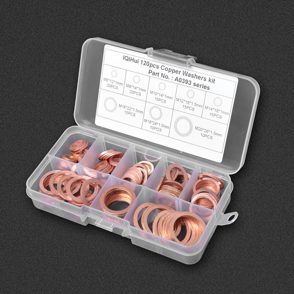 120pcs Assorted Copper Washer Set Flat Ring Seal Assortment Kit with ...