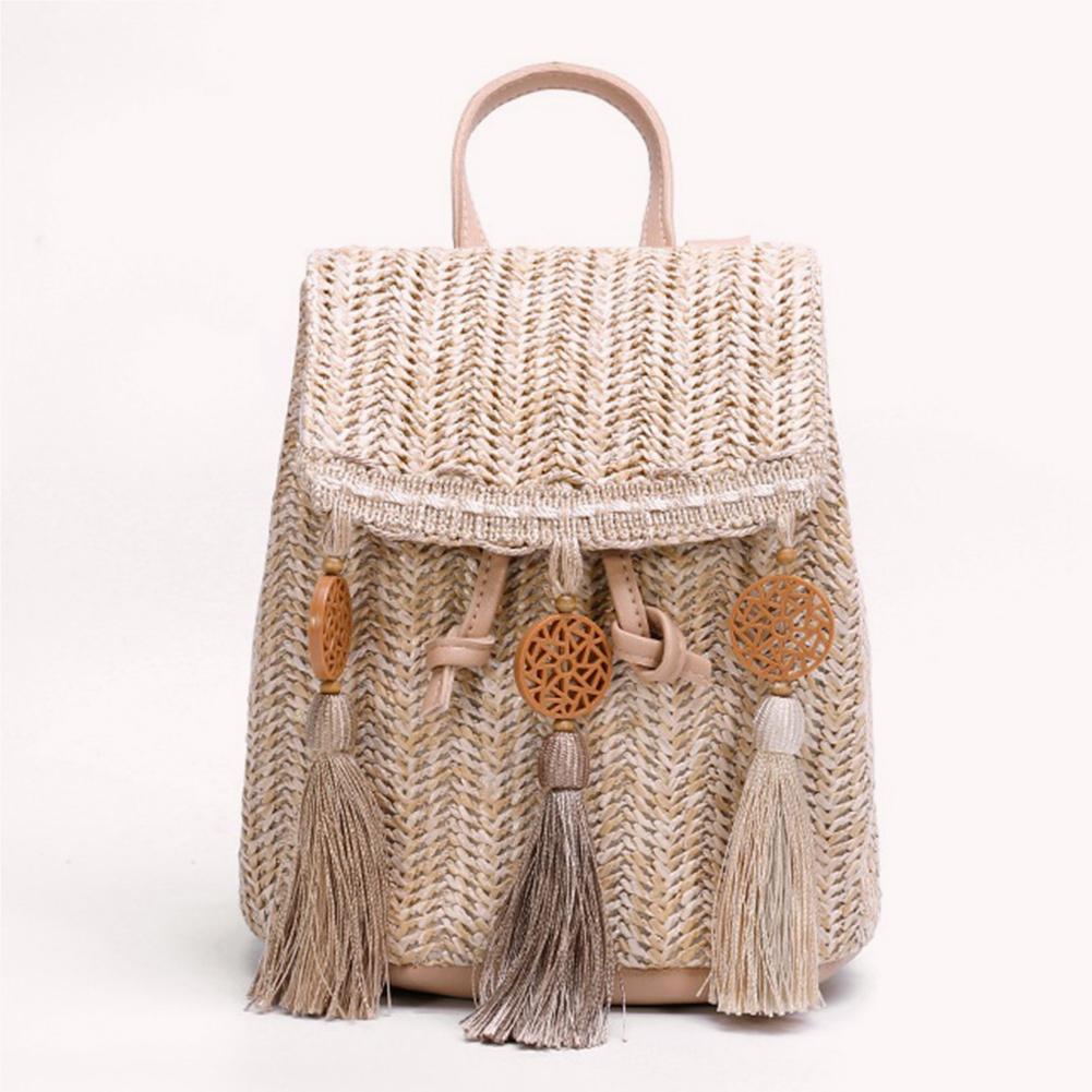 Buy Women Straw Shoulder Backpack with Tassel Boho Summer Beach Leather ...
