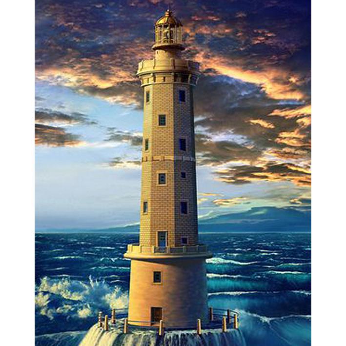 Buy 5D DIY Seaside Lighthouse Full Round Dill Diamond Painting Cross ...