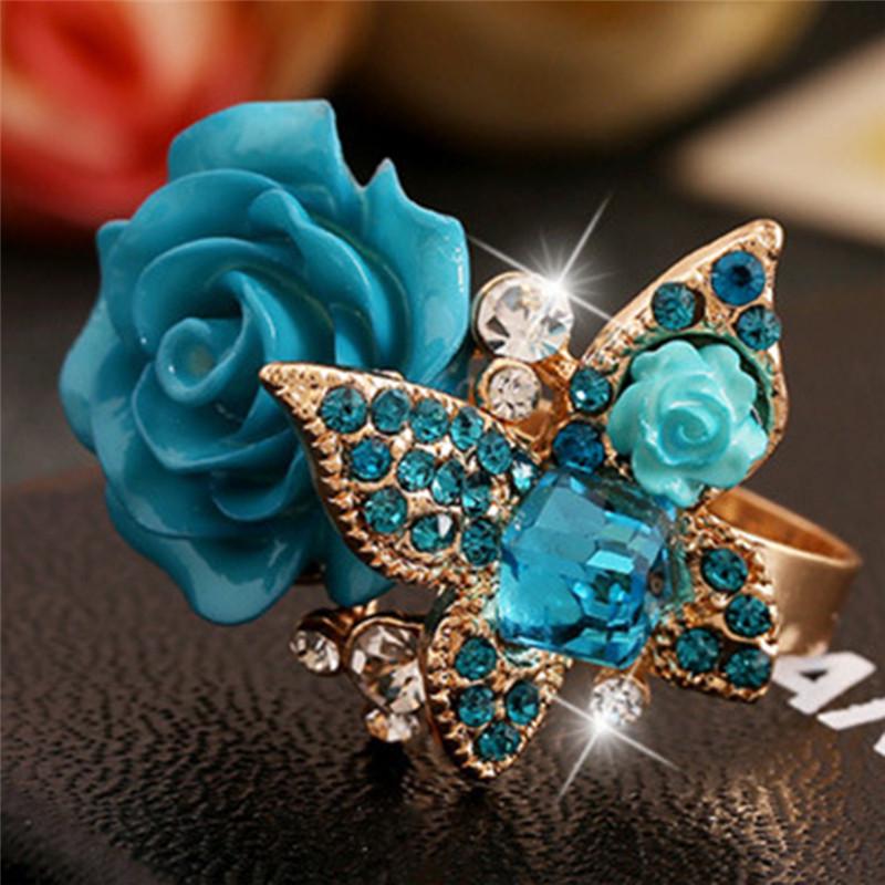 Buy Adjustable Rose Butterfly Finger Ring Crystal Rhinestone Ring ...