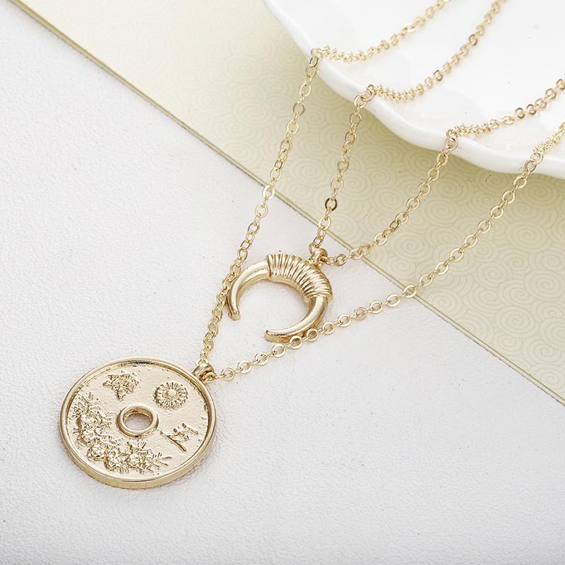 Bohemian Multilayer Necklace Round Coin Half Moon Pendant Necklace ...