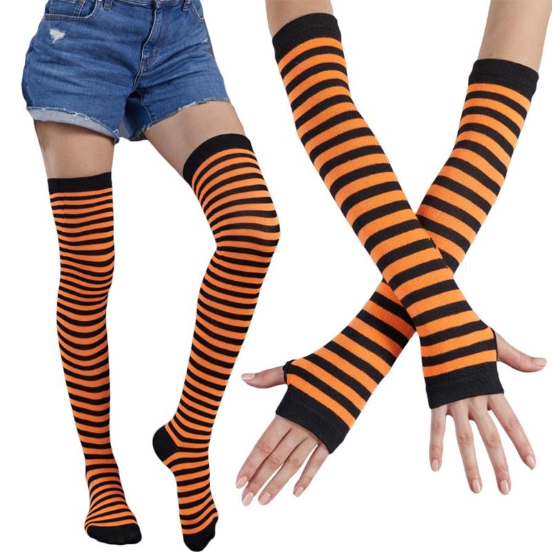 Buy Women Colorful Striped Thigh High Socks Arm Warmers Set Knit Over ...