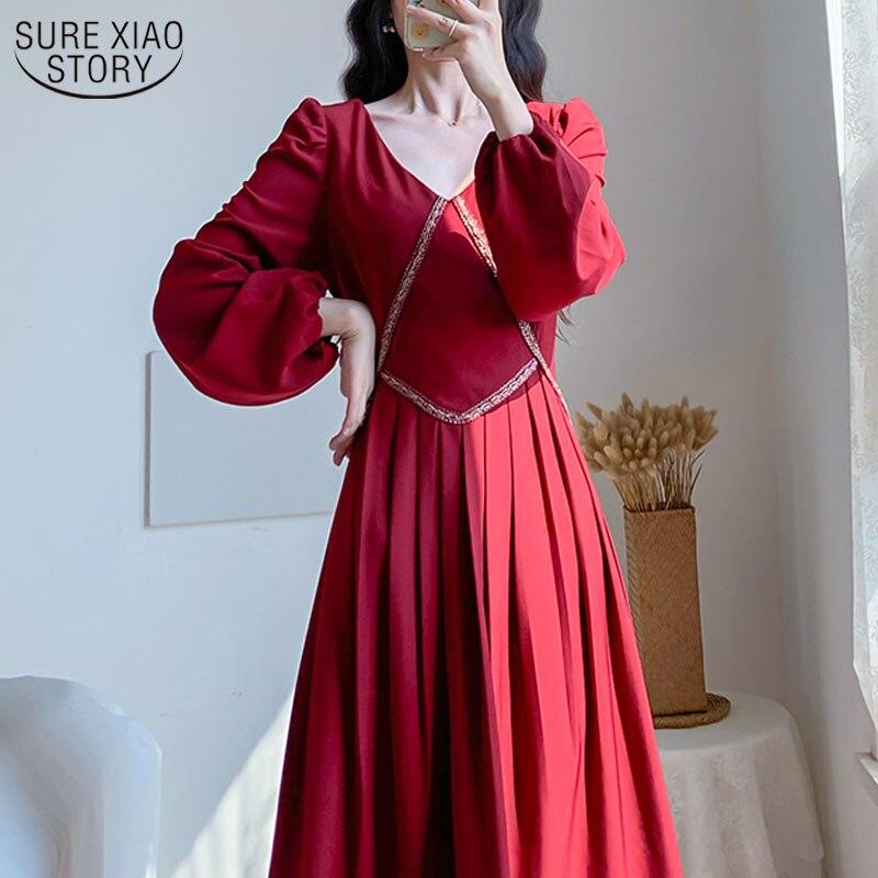 Buy 2021 Spring Korean Vintage Temperament Red Party Dress Women Puff ...