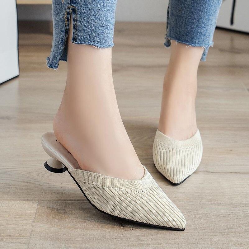 Buy Pointed Mid Heels Slippers Women Summer Shoes Sexy Sandals Knitted ...