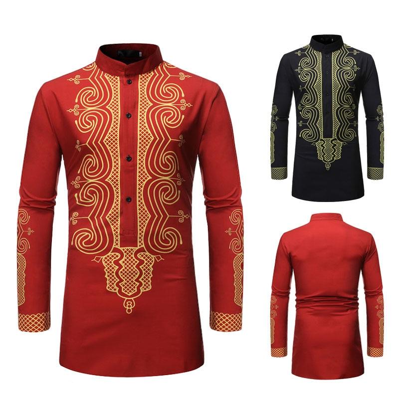 Buy Men's Ethnic Print Shirt Party Casual Slim Long Sleeve Shirt at ...