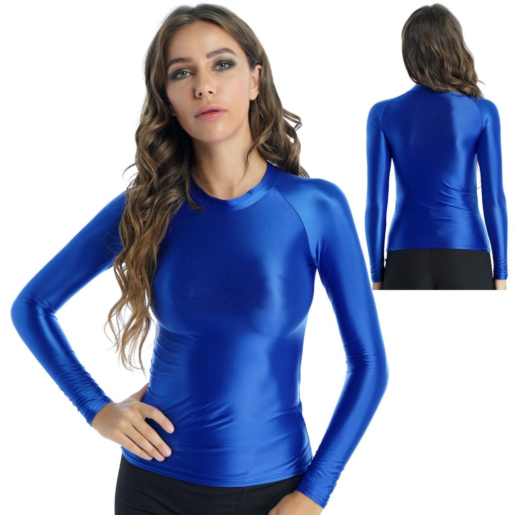 Buy Women Shiny T-shirt Long Sleeve Tights Tee Glossy Disco Tops Party ...
