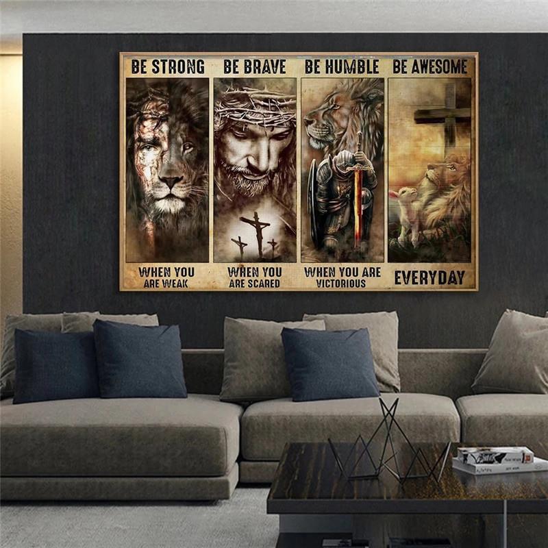 Buy Jesus Lamb Lion Cross Warrior Poster Wall Art Be Strong Be Brave Be ...