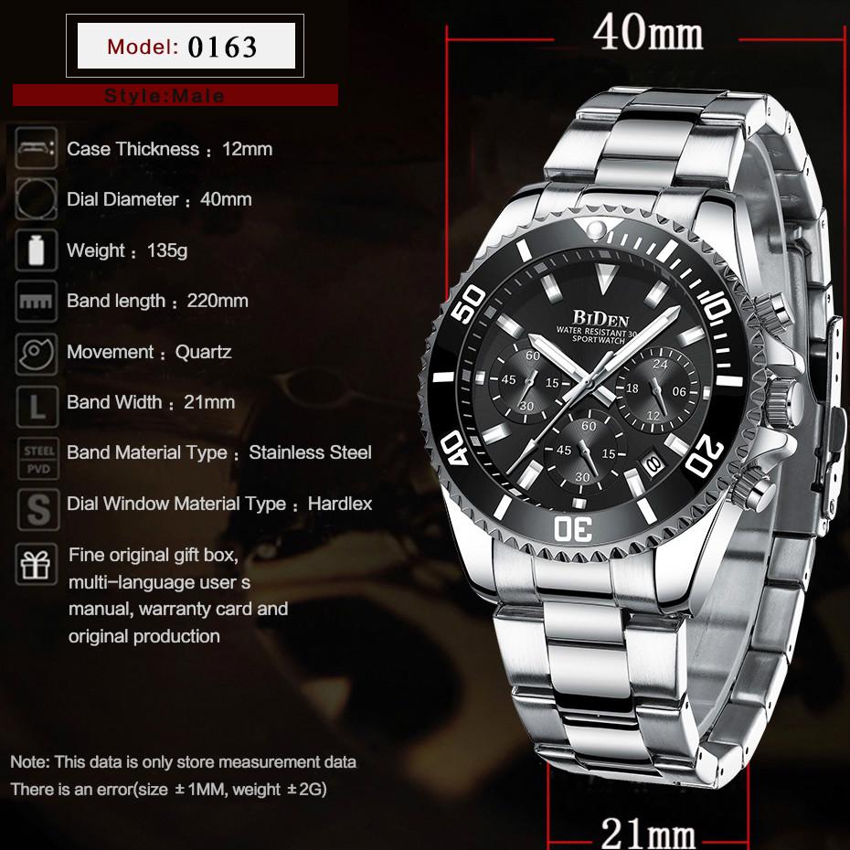 Buy BIDEN Men Quartz Watch Stainless Steel Waterproof Watch Chronograph ...