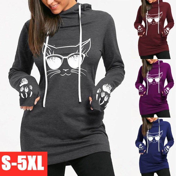 Buy Women Lady Plus Size Long Sleeve Hooded Cat Print Top Blouse ...