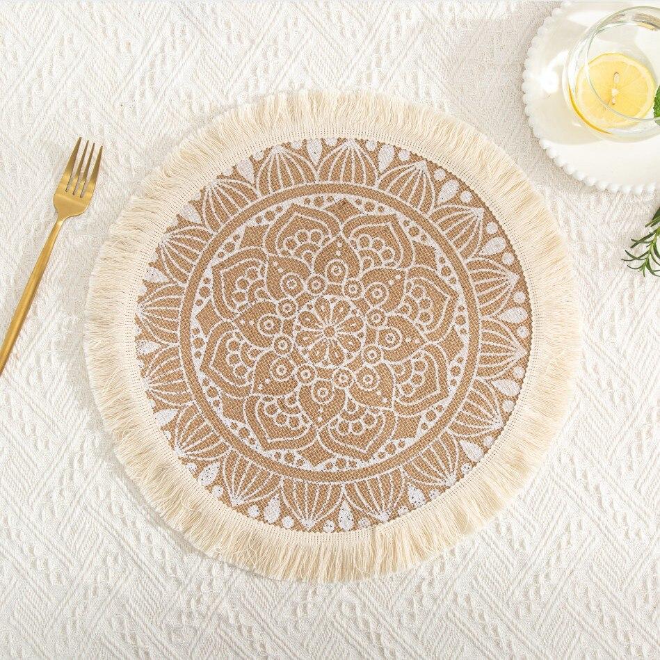 Buy Linen Placemats Round Bohemian Straw Tassel Table Mat Pad Coaster ...