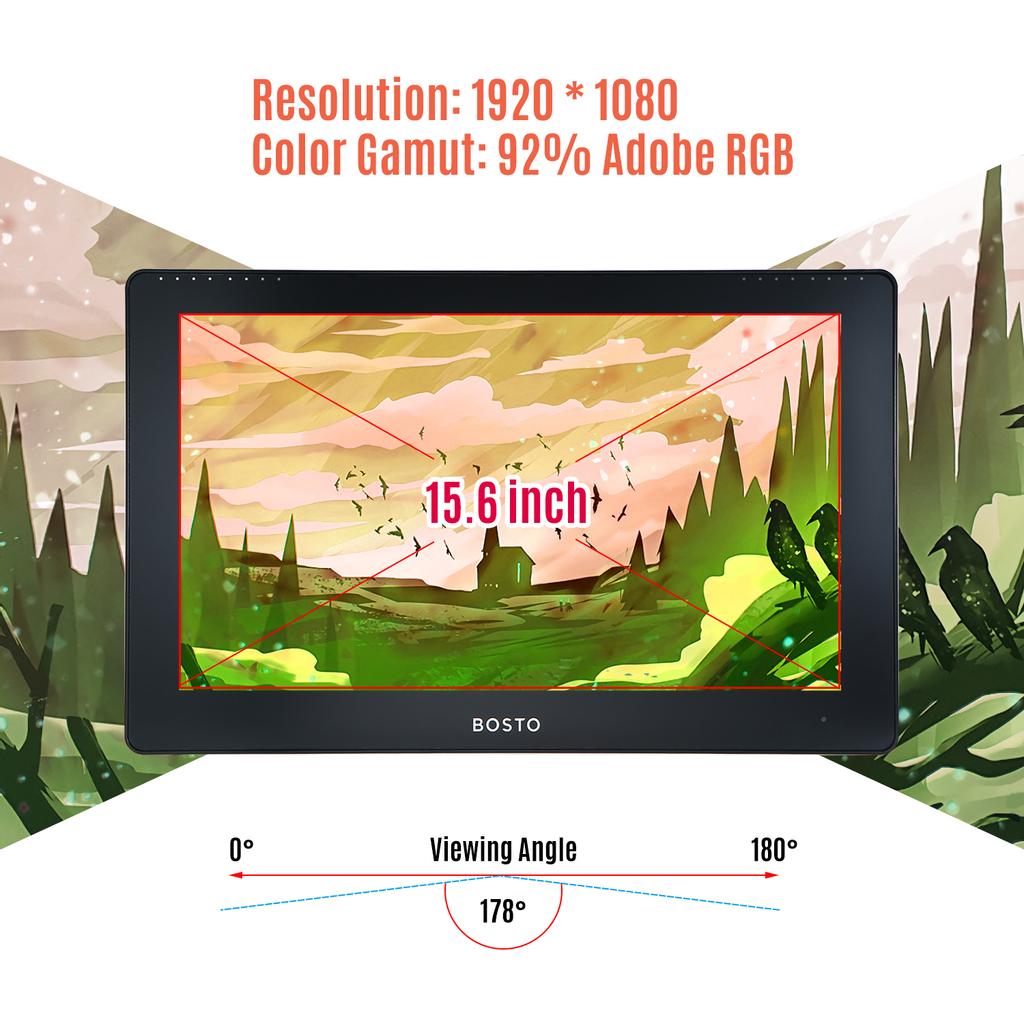 BOSTO Studio 16HD 15.6 Inch Portable Graphic Monitor Drawing Tablet All ...