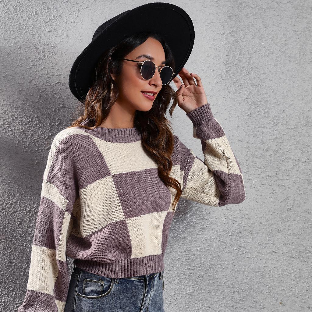 Women's Check Short Sweater Loose Check Jacquard Knit Sweater uygun ...