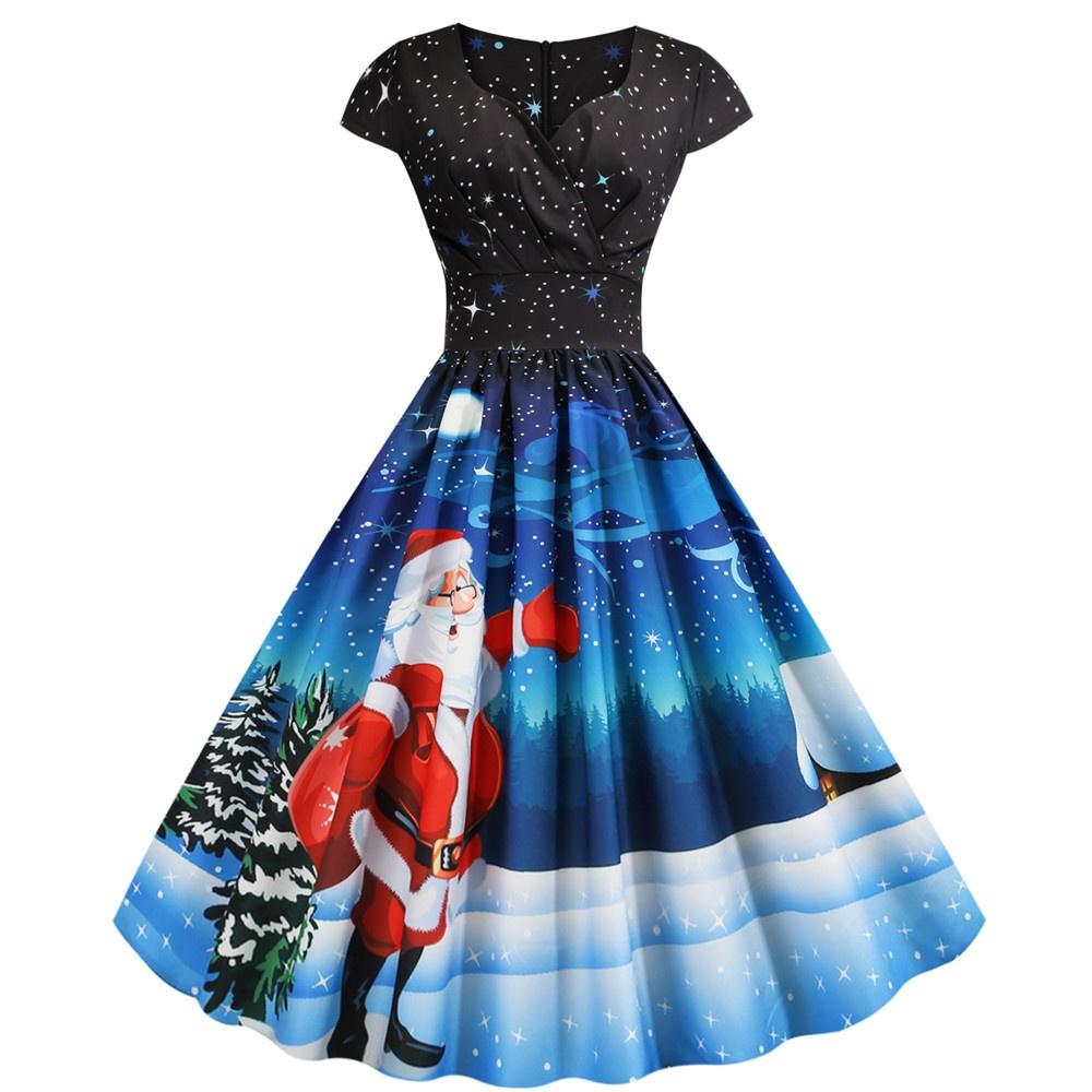 Santa Claus Print Vintage Women Elegant Christmas Party Dress Casual ...