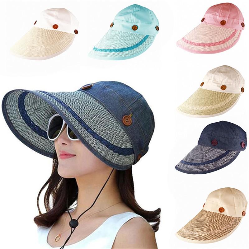 Buy Women Large Wide Brim Floppy Summer Beach Cap Button Straw Summer ...