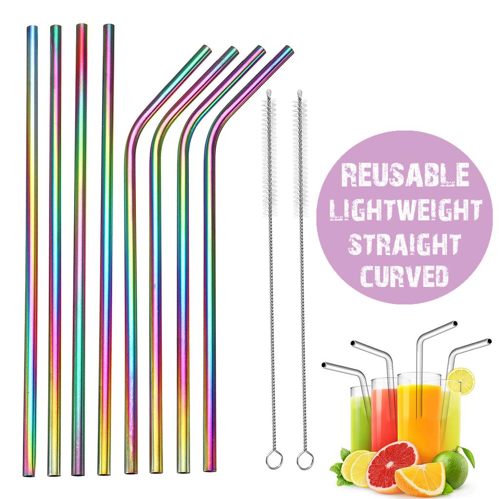 4/8 PCS Rainbow Stainless Steel Colorful Curved Straw/Straight Straw ...