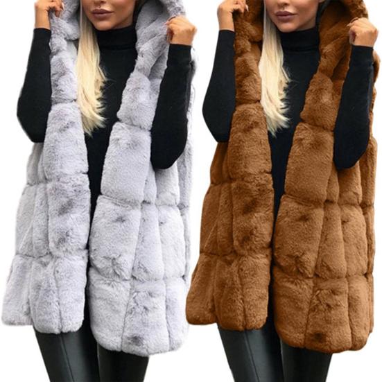 💰Cumpără Talie elegantă tight mid-length Faux Fur Hooded Solid Color ...