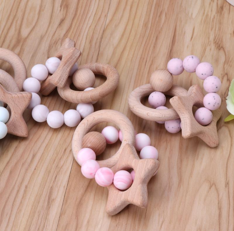 Buy Baby Teether Rings Beech Wood Teething Ring Bracelet Silicone ...