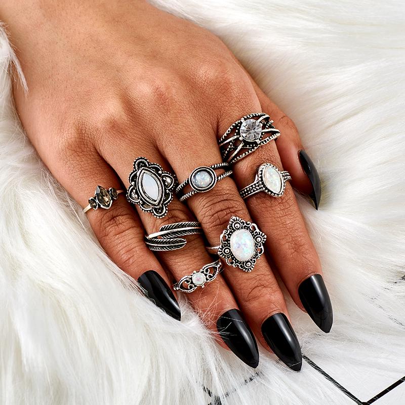 Buy Bohemian Vintage 8pcs Ring Set Women Rhinestone Finger Punk Knuckle ...