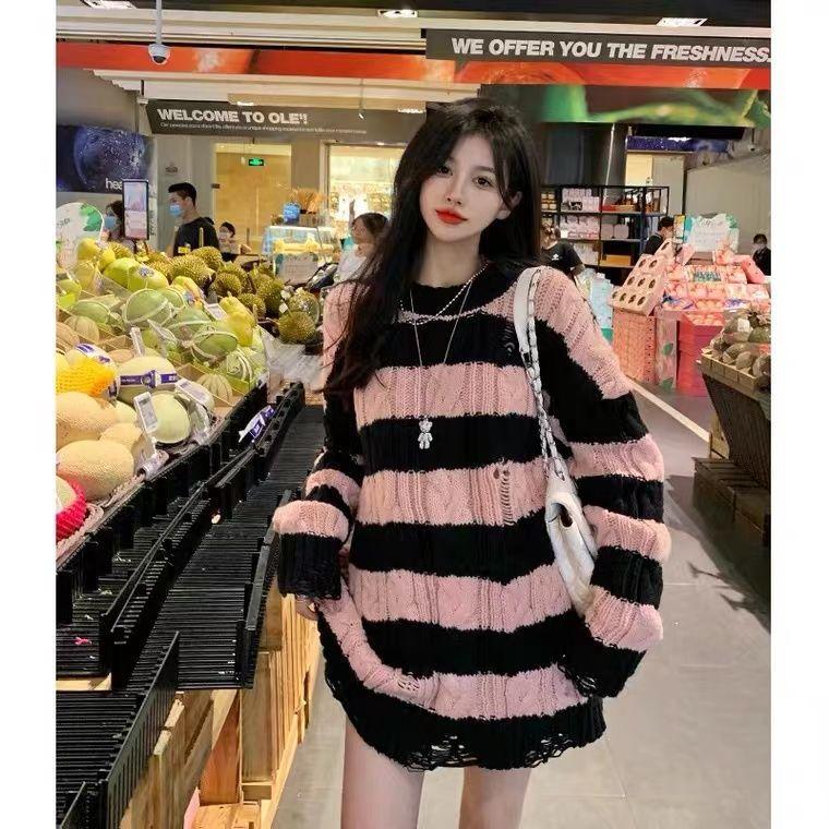 💰Cumpără Idle Style Striped Ripped Long Sleeves Sweater Women's ...