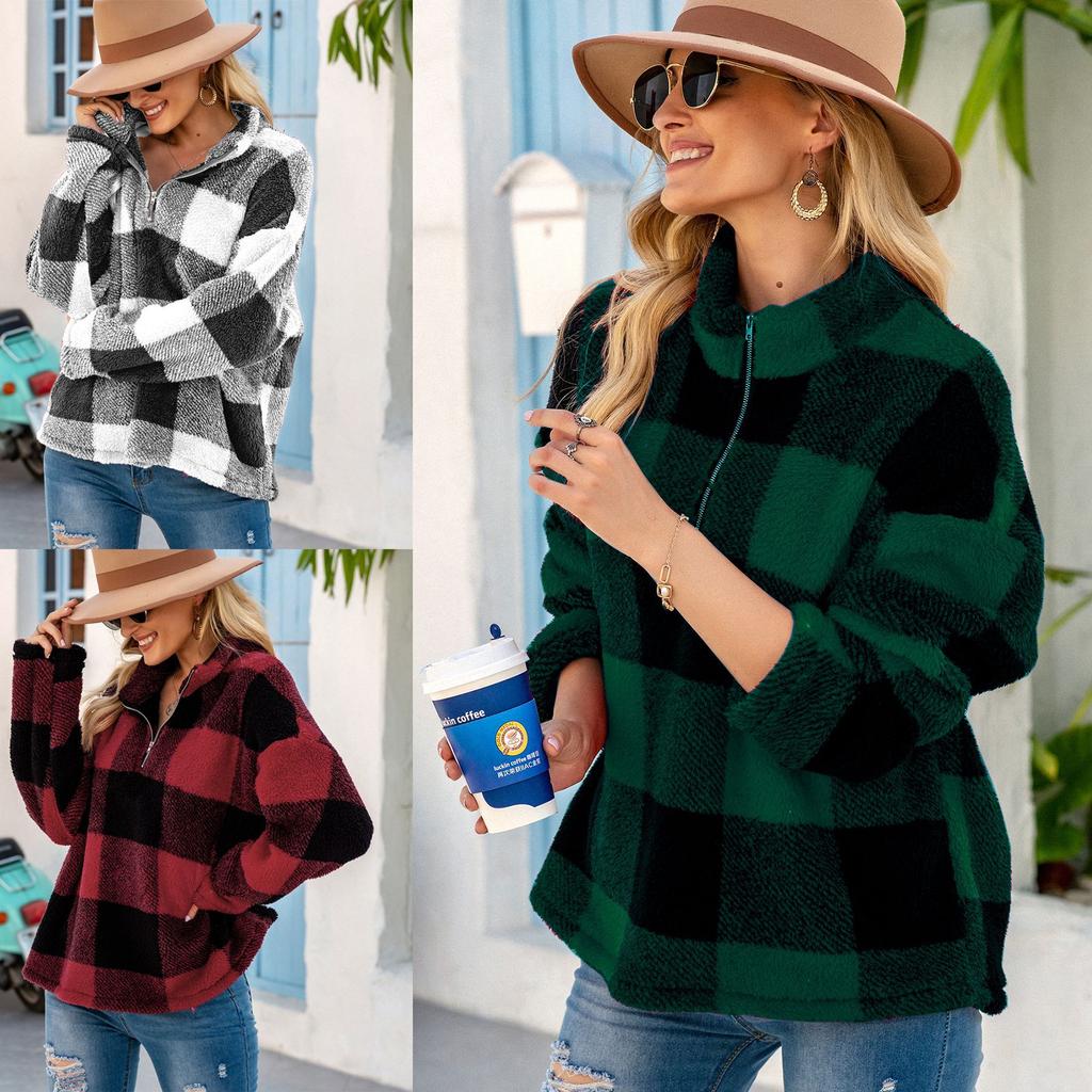 Buy Women Sweater Checker Sweaters Jumpers Loose High Neck Zipper Neck ...