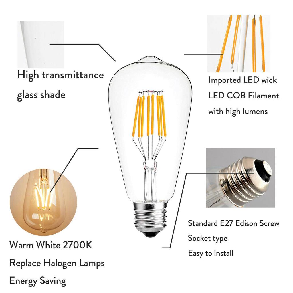Buy Dimmable ST64 Vintage Retro E27 8W LED Filament Light Bulb Warm ...