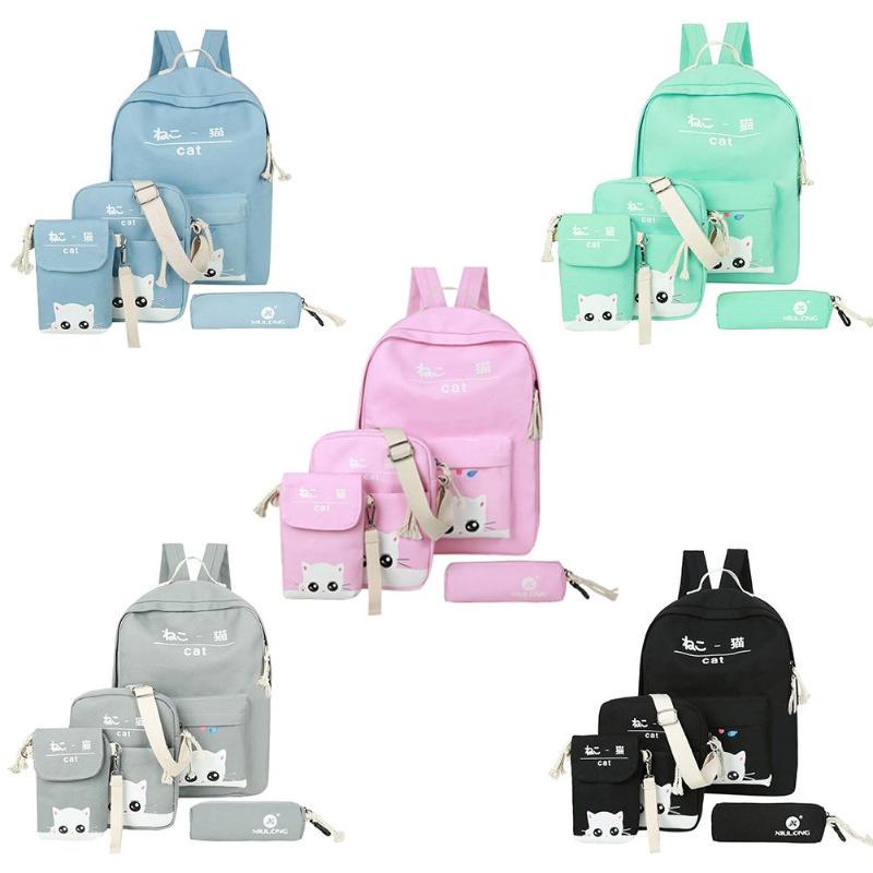 Buy 4pcs/Set Women Cute Cat Print Backpacks Girls Canvas Shoulder ...