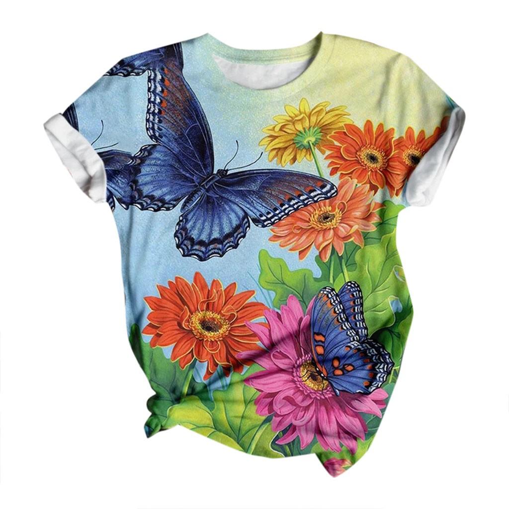 Buy Women's Casaul Butterfly Print Round Neck Short Sleeve Loose T ...