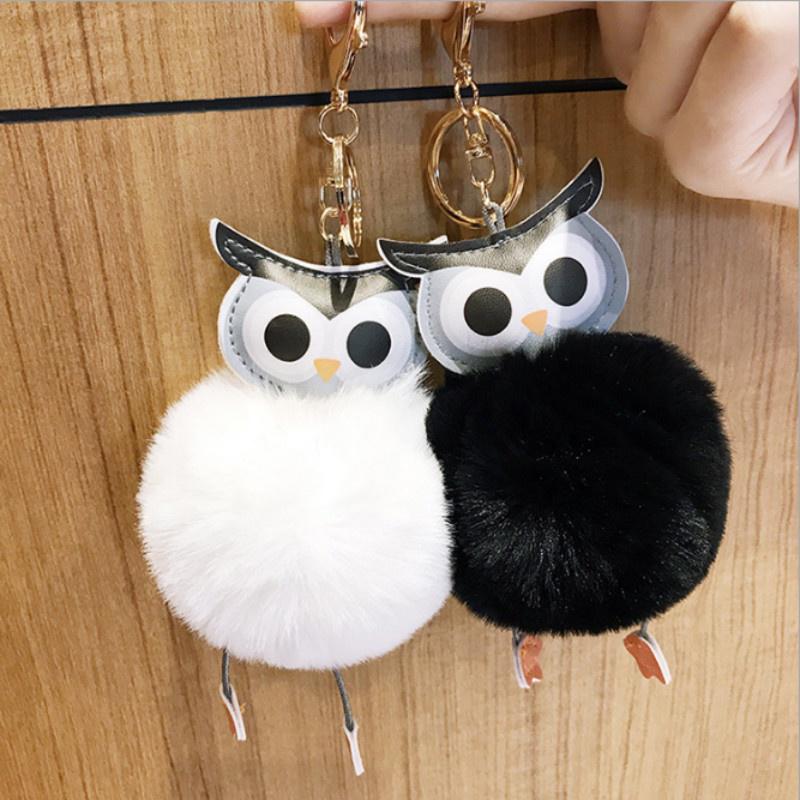 Buy Double-sided Pu Leather Plush Owl Fur Ball Pom Pom Fluffy Keychain ...