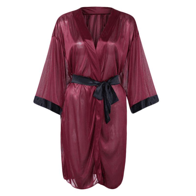 Women Sexy Translucent Sleepwear Set Faux Silk Half Sleeve Short Kimono ...