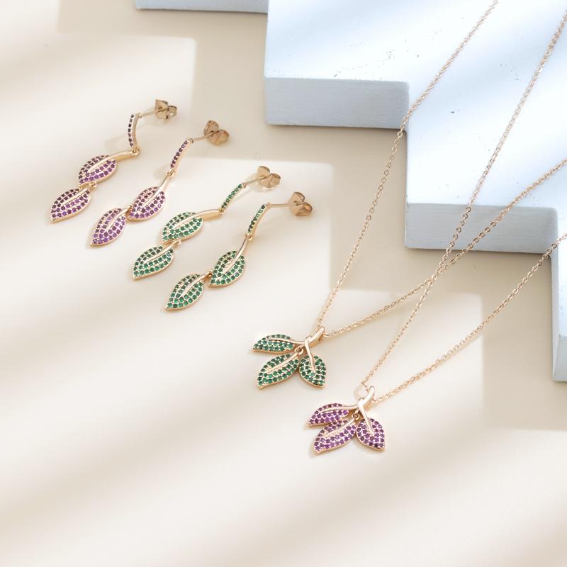 Cute Green Leaf Jewelry Sets Gold Plated Necklace Earrings Two-Piece ...