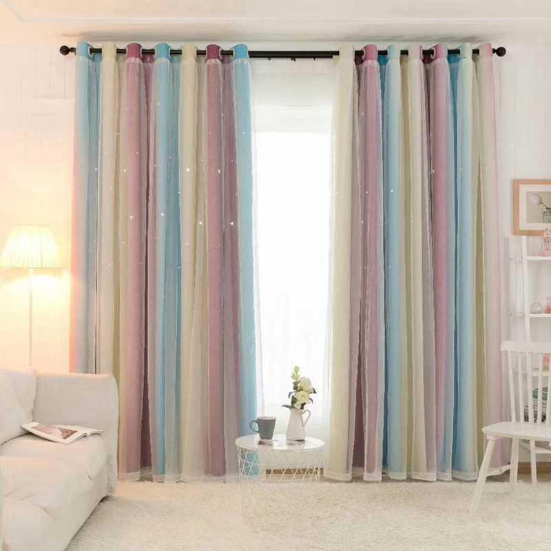 Hollowed Out Stars Blackout Curtain Double-Layer Shading Window Drapes ...