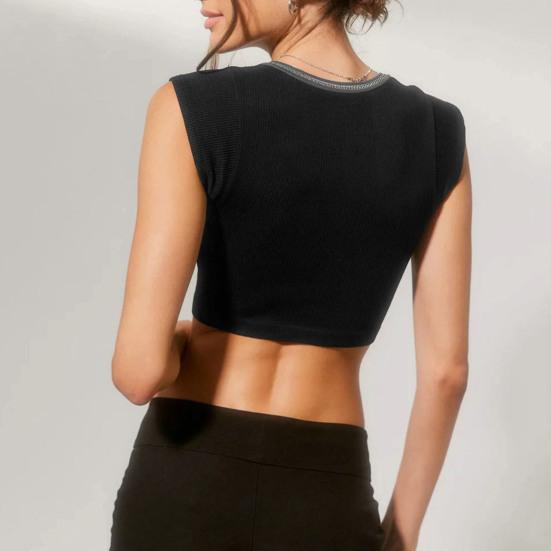 Cheap V-neck Flying Sleeve Ribbed Crop Top Lady Slim Fit Solid Color ...