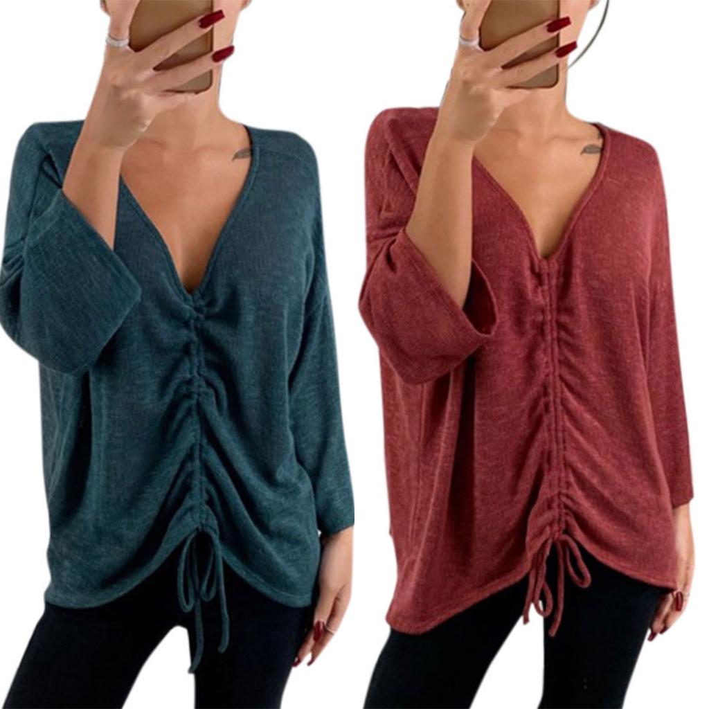Drawstring V Neck Shirts Casual Women Long Sleeve Solid Color Pullover ...