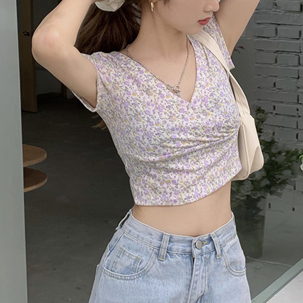 Buy Womens Summer Floral Short Sleeve V-neck Cropped Top Young Ladies ...
