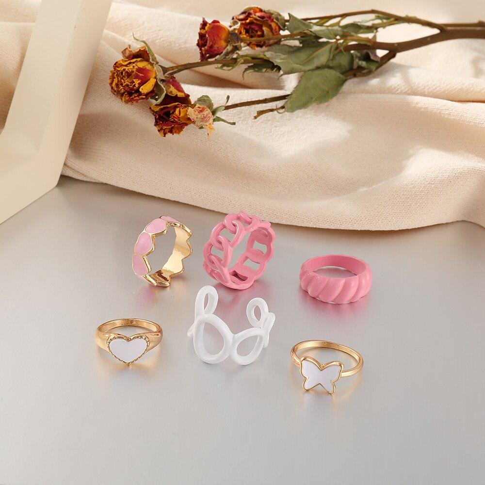 💰Cumpără 6buc / Set inele roz pentru femei Punk Trendy Vintage colorate ...