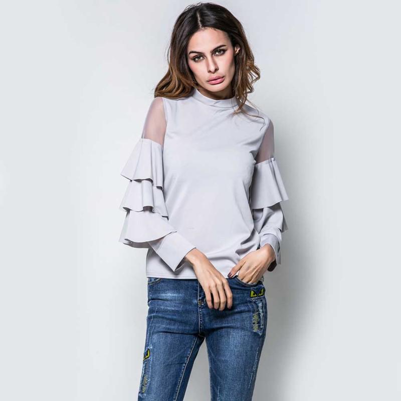 Buy Women Small Stand Collar Net Yarn Splicing T-shirts Pagoda Sleeve ...