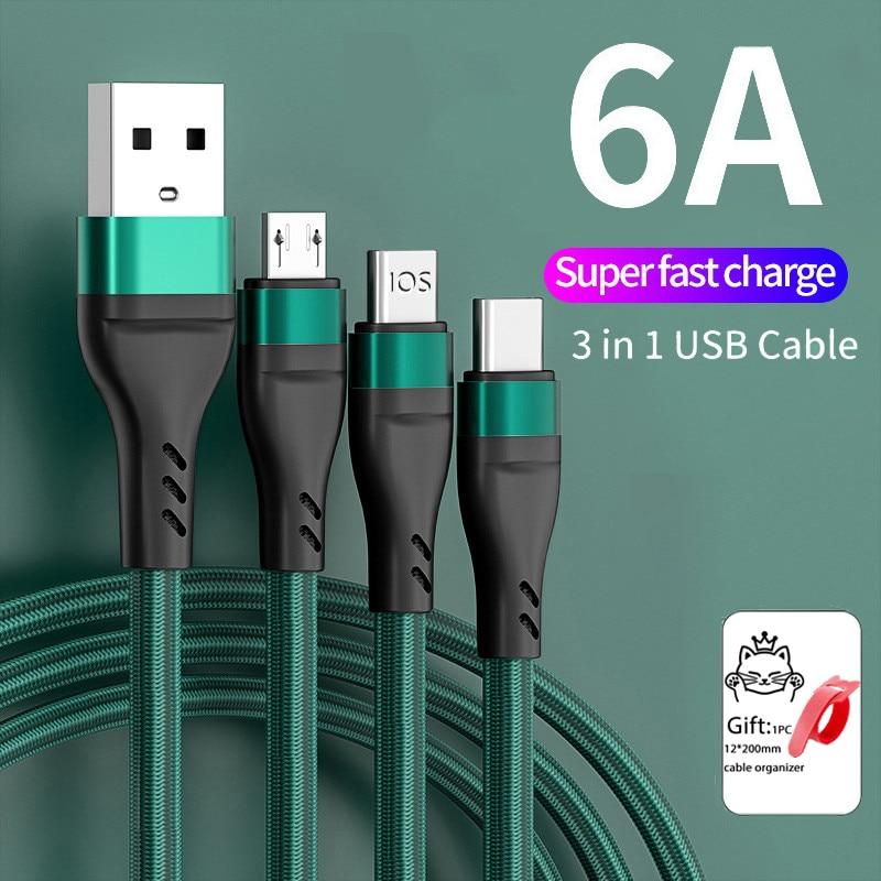 Buy 6A 3 in 1 Charging Cable Type-C Micro USB Fast Charger Micro USB ...