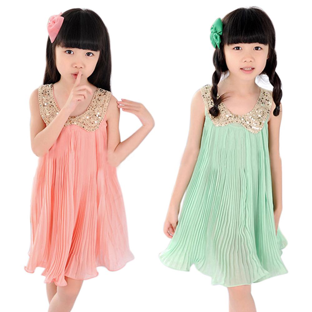 Buy Girl dress Pleated Chiffon One-Piece Dress With Paillette Lace ...