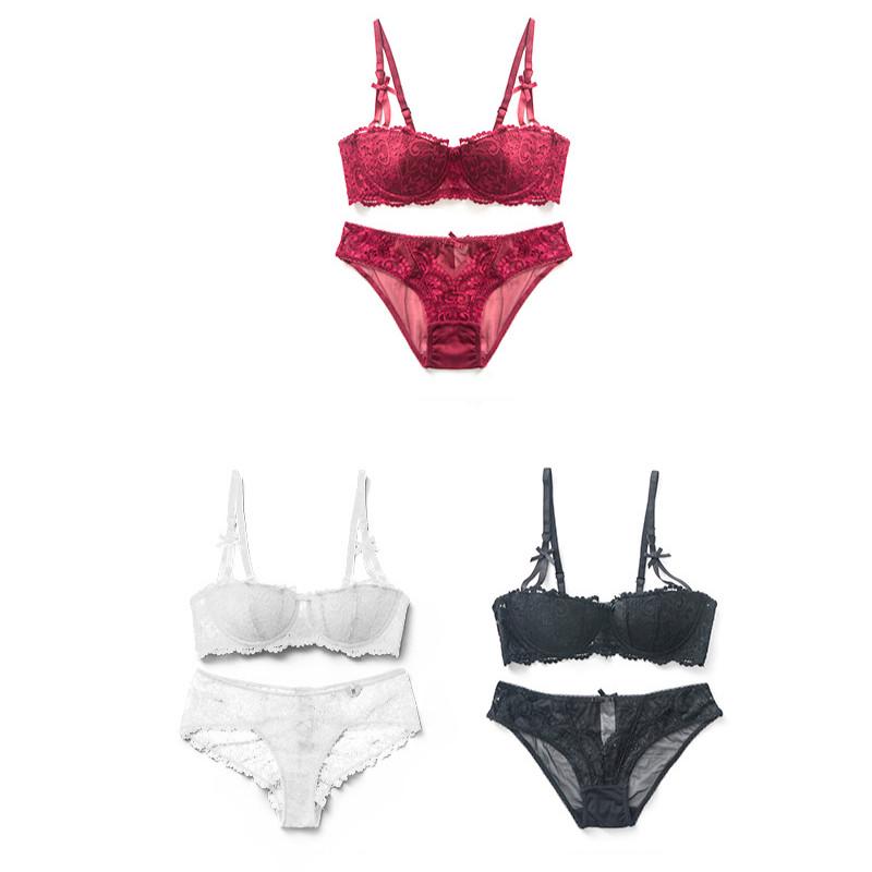 Buy Sexy Black Lace Small Chest 1/2 Half Cup Thin Section Bra Set ...