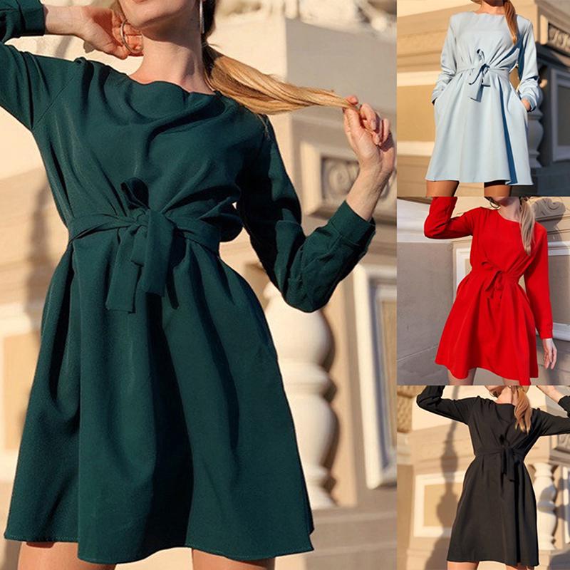 Buy Female Spring and Summer Solid Color Long-sleeved Dress Slim ...