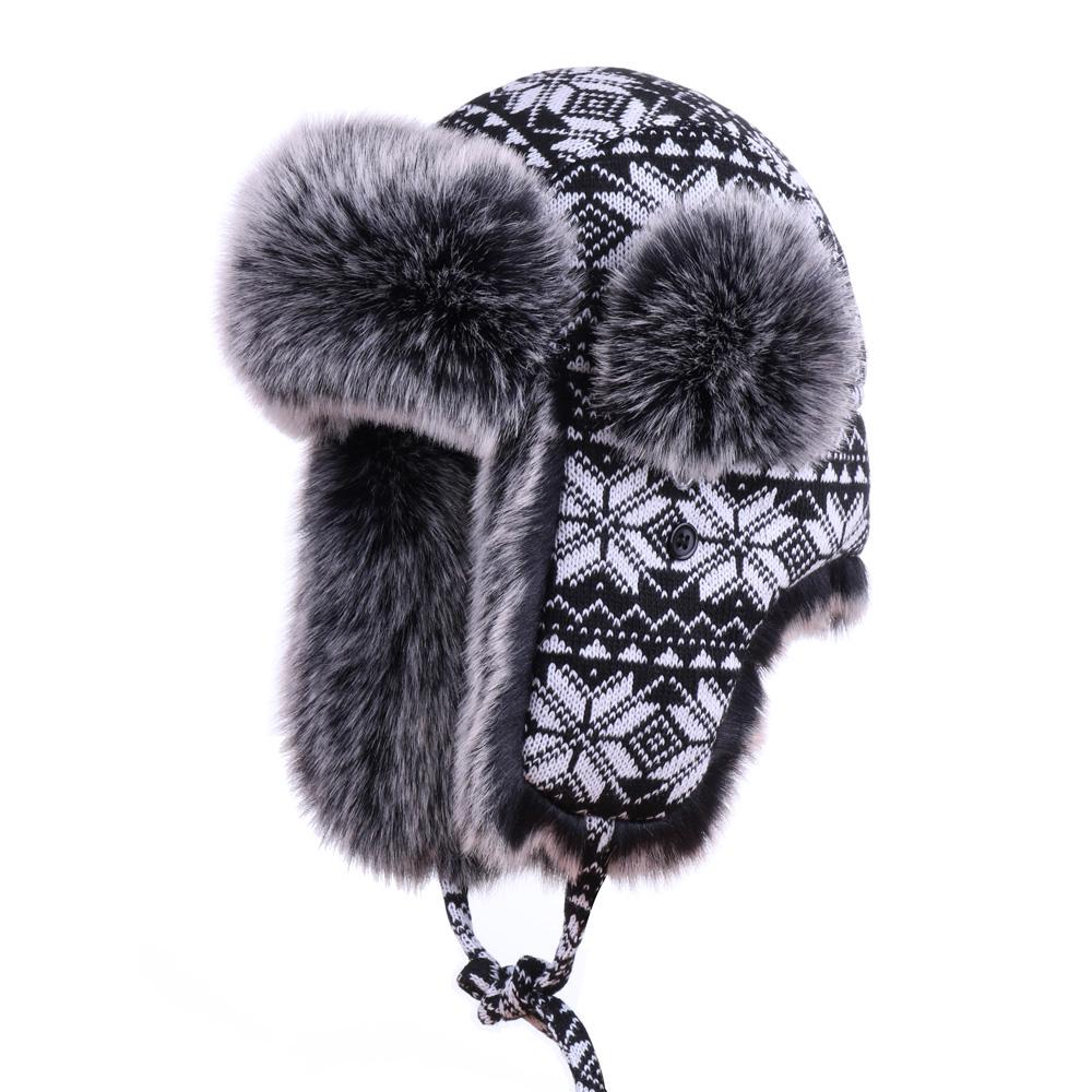 Russian Ushanka Hat Men Winter Wool Knitted Snow Ski Cap Faux Fur Ear ...