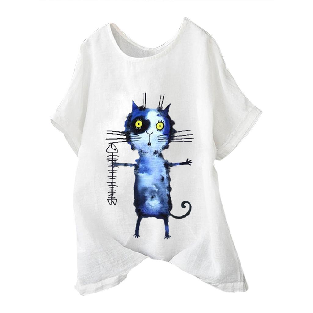 Women Plus Size Short Sleeve Cotton Linen O Neck Print Pullover Tops