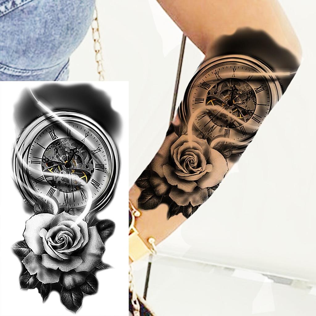 Black Scary Rose Flower Gangster Temporary Tattoos For Women Men Wolf Lion Pirate Skull Fake ...